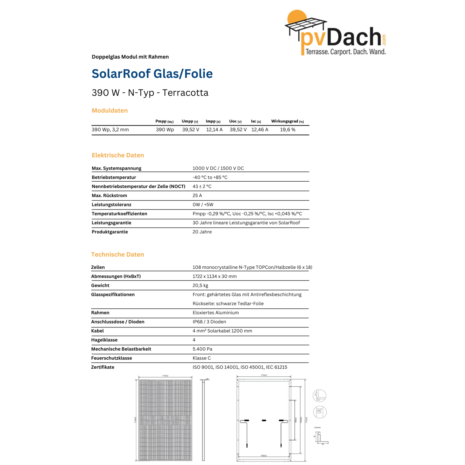 SolarRoof Glas/Folie N-Typ 390 W Terracotta PV-Rahmenmodul kaufen, 159,00